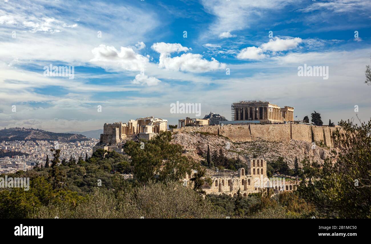 Athens, Greece. Acropolis and Parthenon temple, top landmark. Scenic view of ancient Greece ...