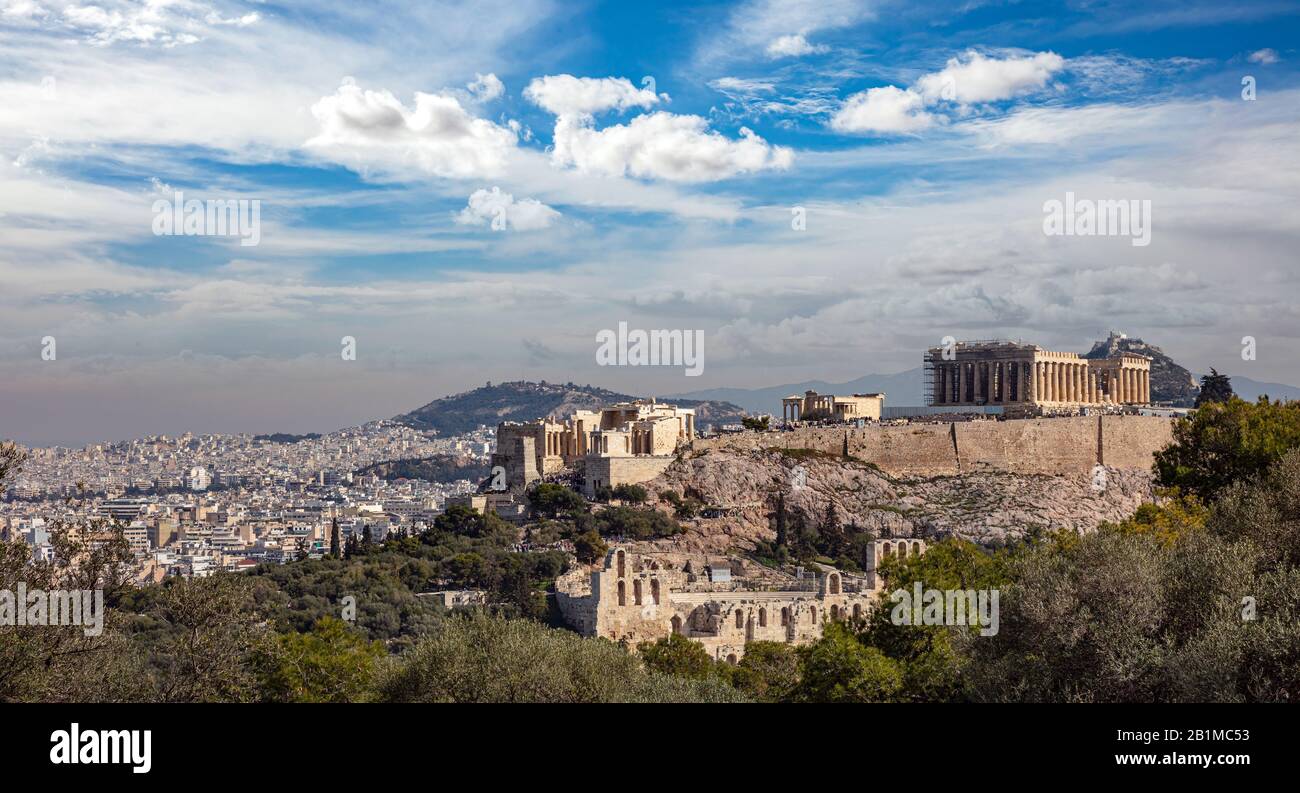 Athens, Greece. Acropolis and Parthenon temple, top landmark. Scenic view of ancient Greece ...