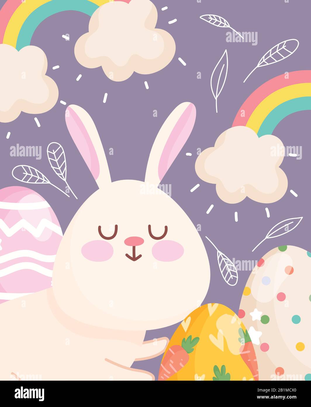 happy easter adorable rabbit rainbows clouds eggs decoration vector ...