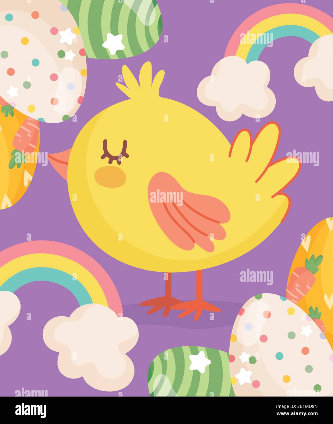 happy easter cute chicken dotted eggs rainbow clouds card vector ...