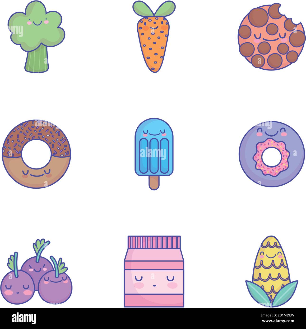 food cute cartoon character menu restaurant diet icons set vector ...