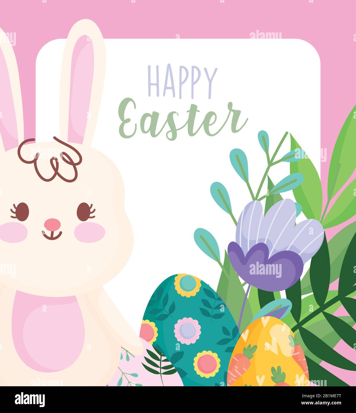 happy easter cute rabbit eggs leaves foliage decoration card vector ...