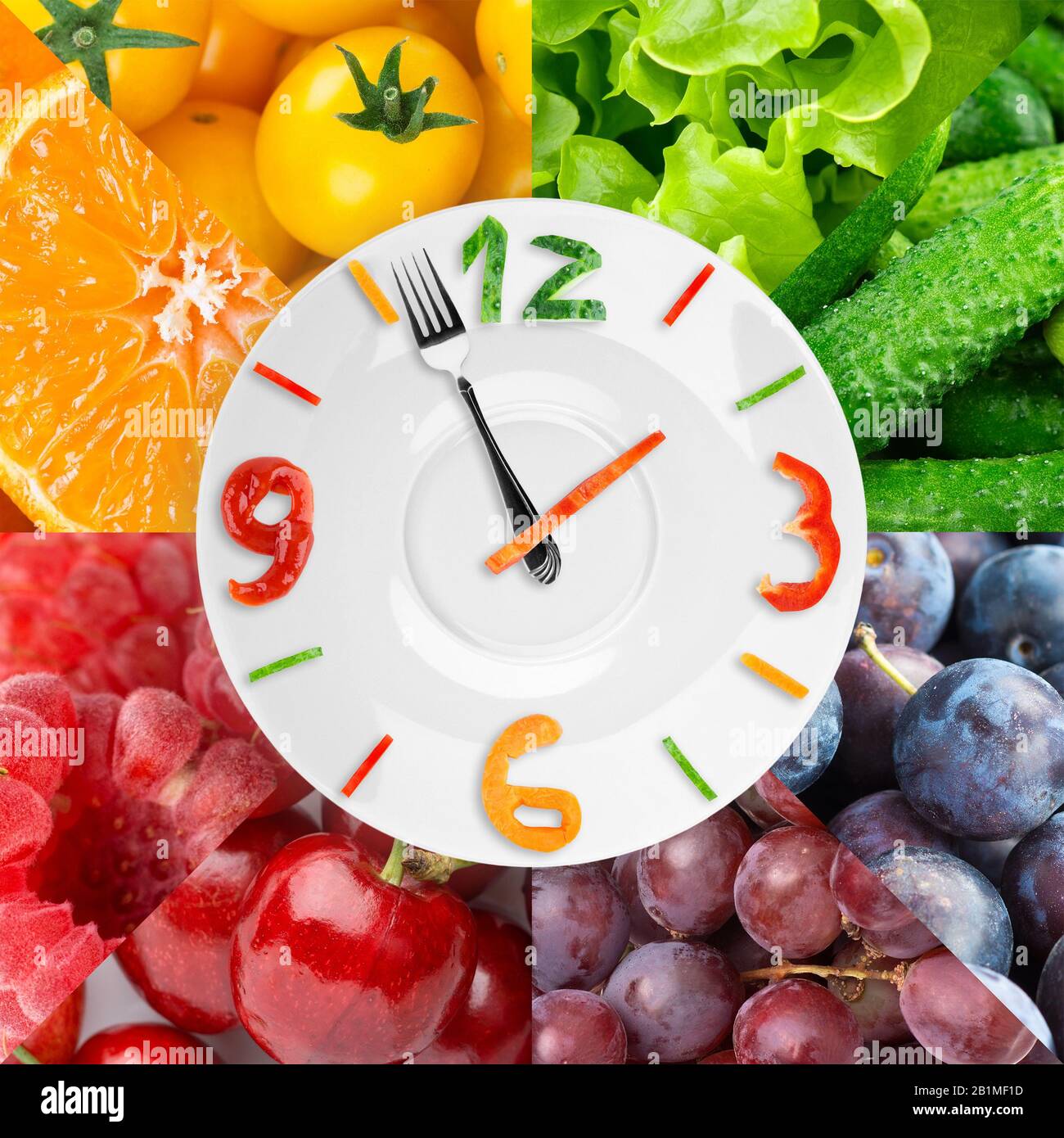 Food clock with fresh fruits and vegetables. Healthy food Stock Photo ...