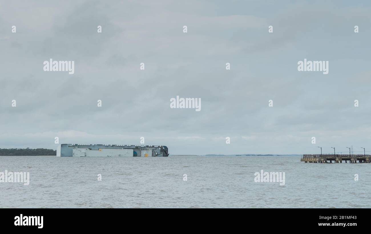 A capsized cargo ship in St. Simons Sound, Georgia. Circa Sept 2019 ...