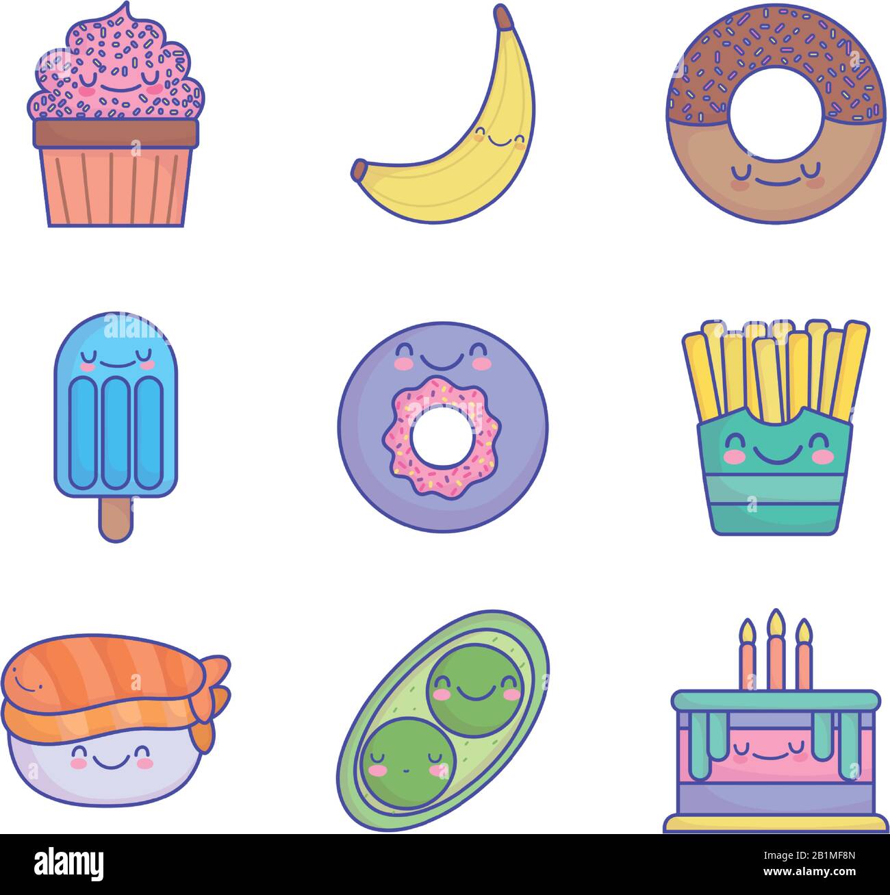 food cute cartoon character menu restaurant diet icons set vector ...