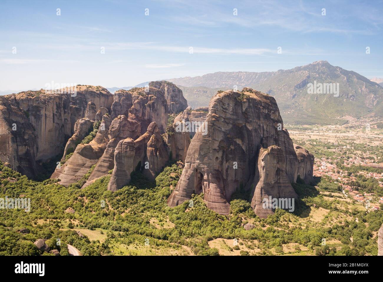 Meteora rocks and view of Thessaly plain, mountain landscape, Greece ...