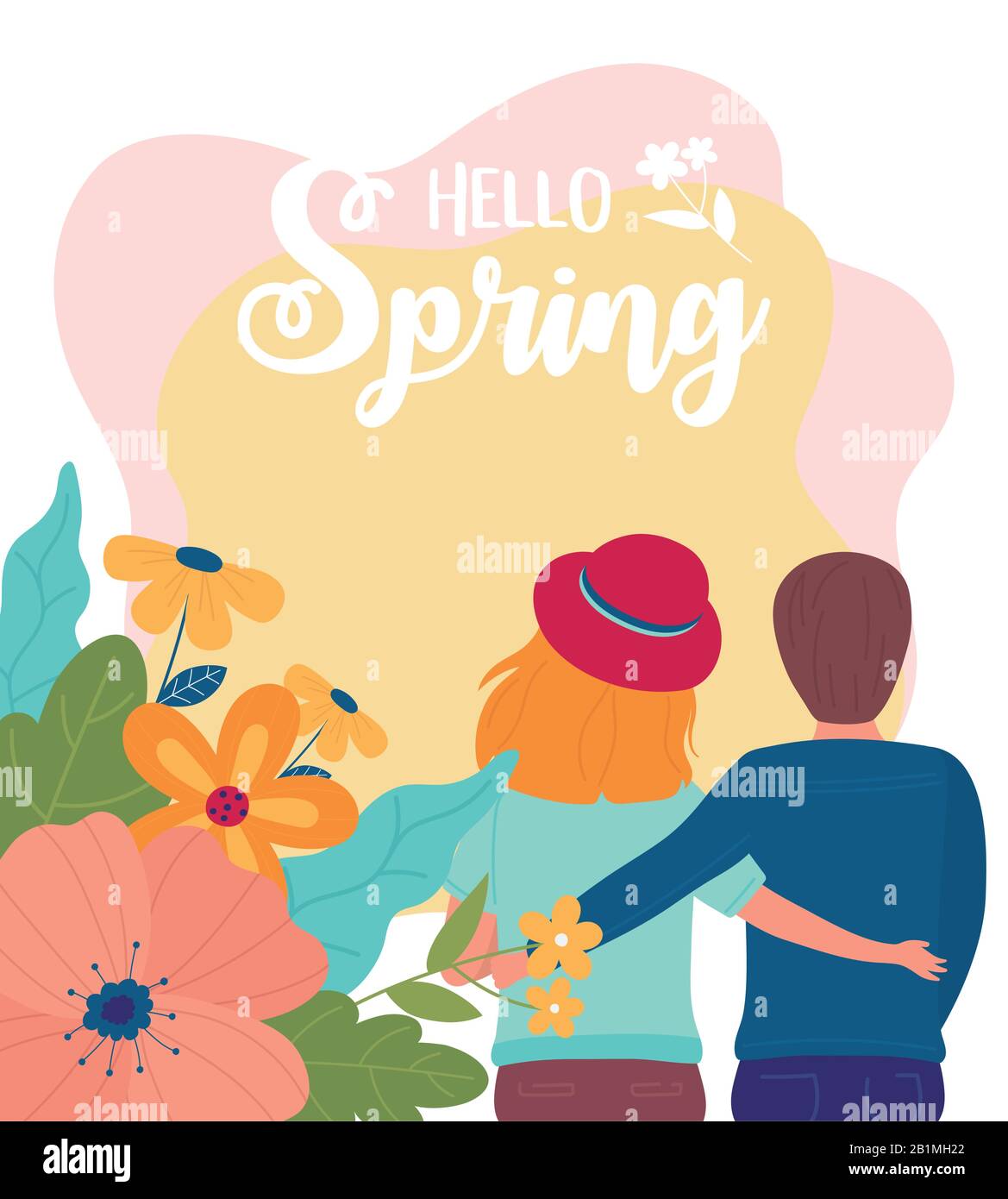 hello spring couple embraced cartoon romantic flowers card vector ...