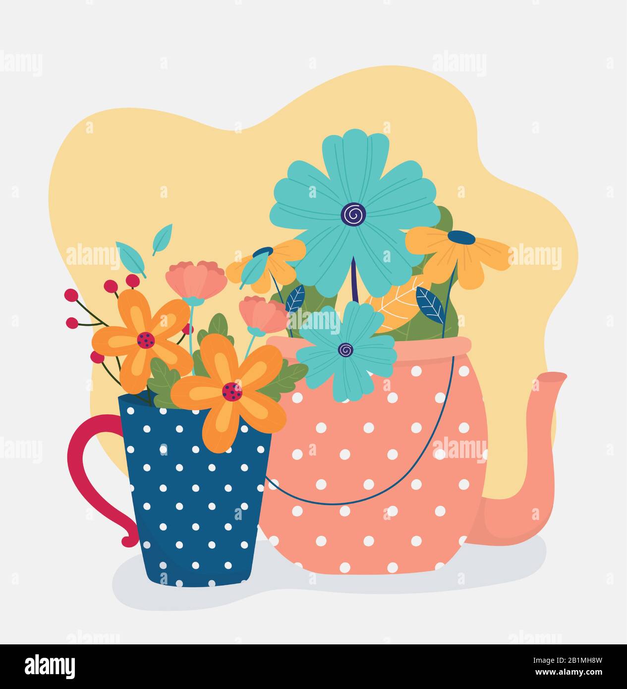 hello spring teapot and vase with flowers nature decoration vector ...