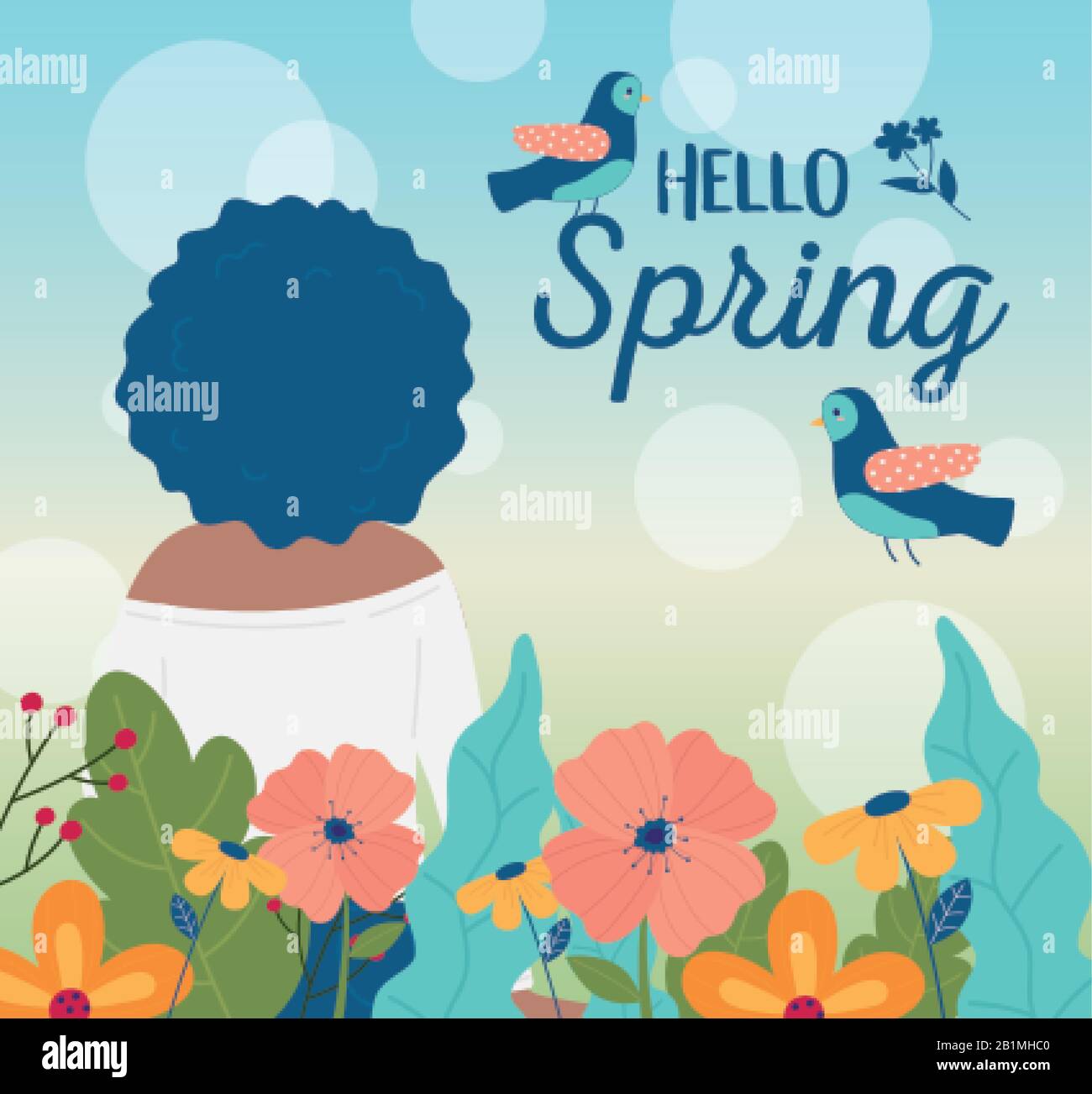 hello spring back view woman birds flowers decoration card vector ...
