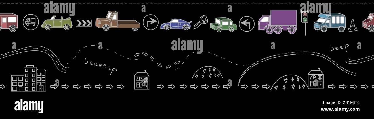 Colored seamless border on black with a variety of vehicles, signs ...