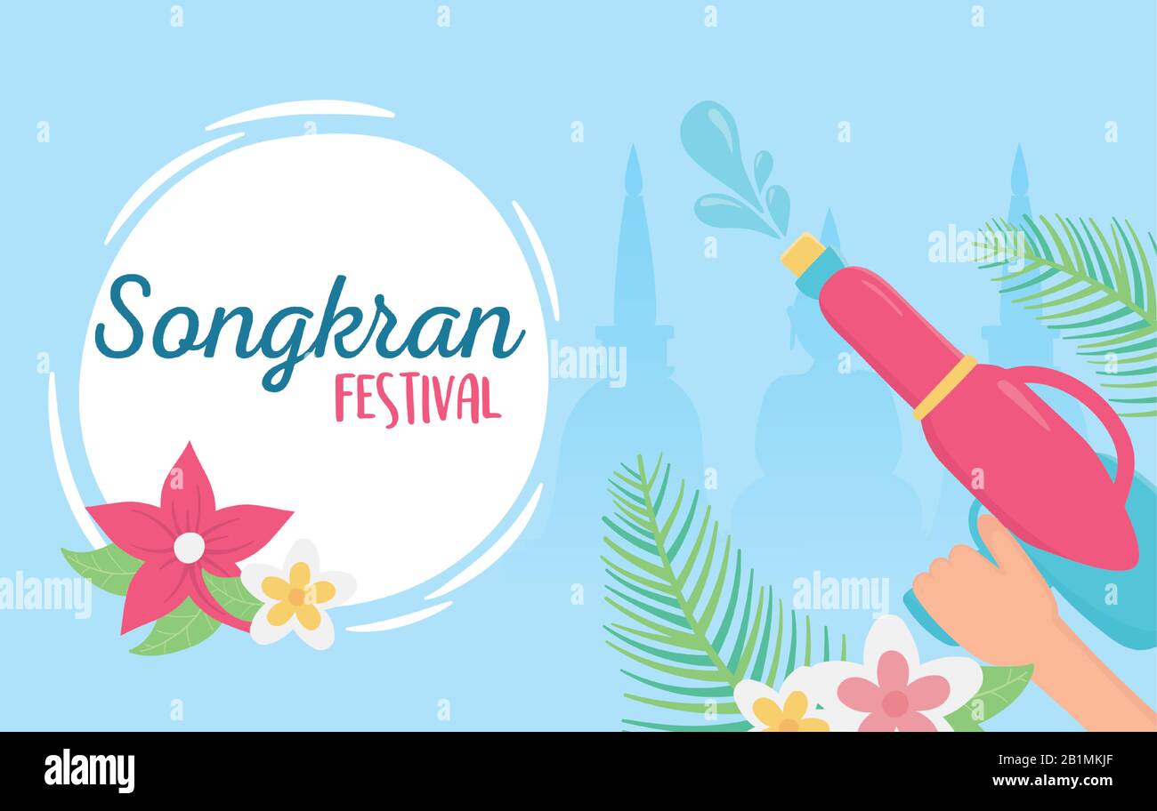 songkran festival hand with water guns flowers celebration vector ...
