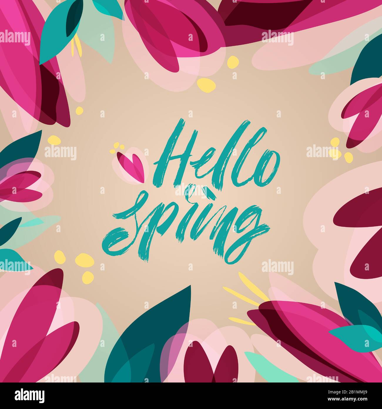Hello spring calligraphy lettering with floral frame on black and white ...