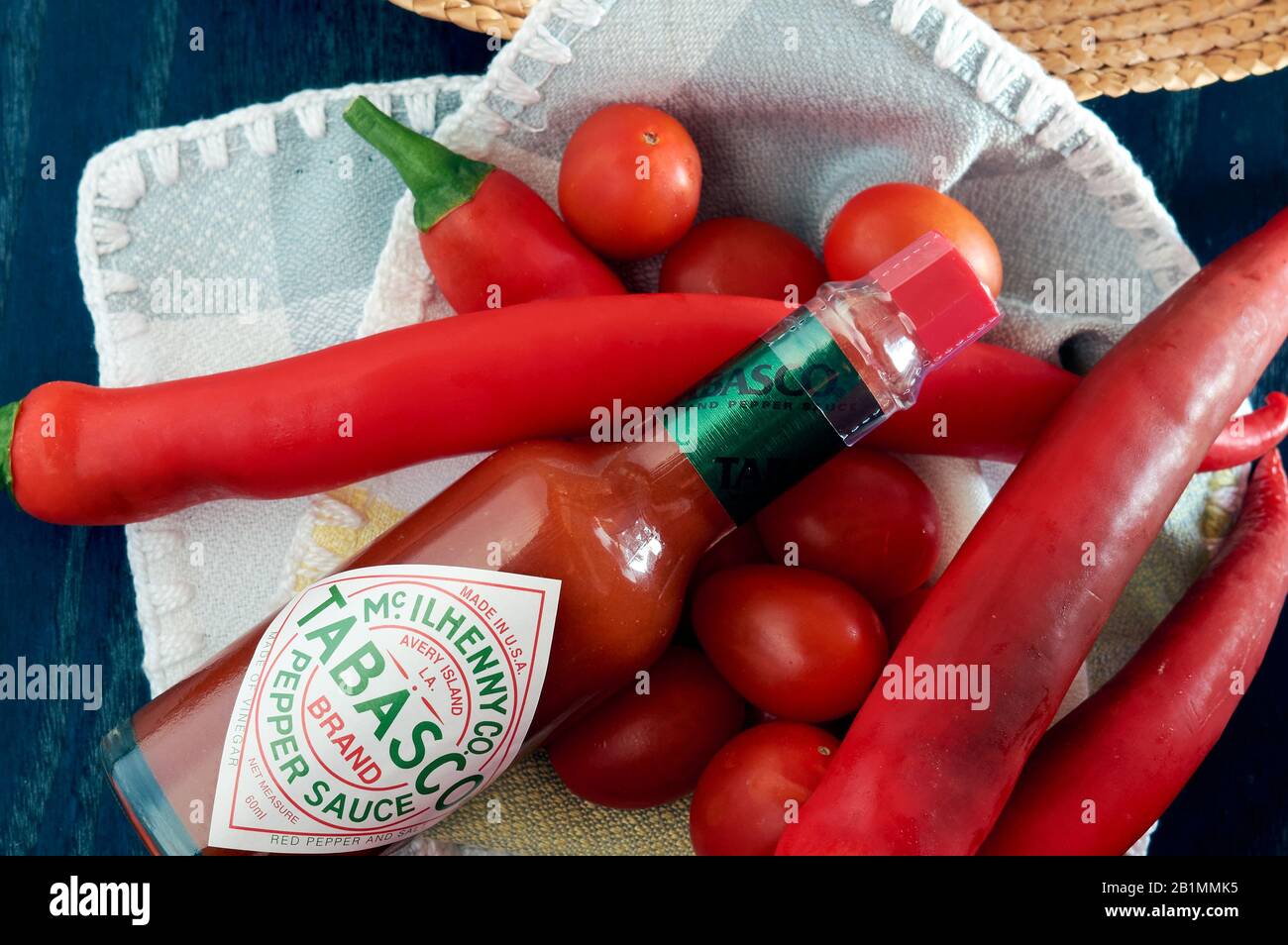 bottle of Tabasco sauce, spicy chilis, bright colors, red, blue Stock ...