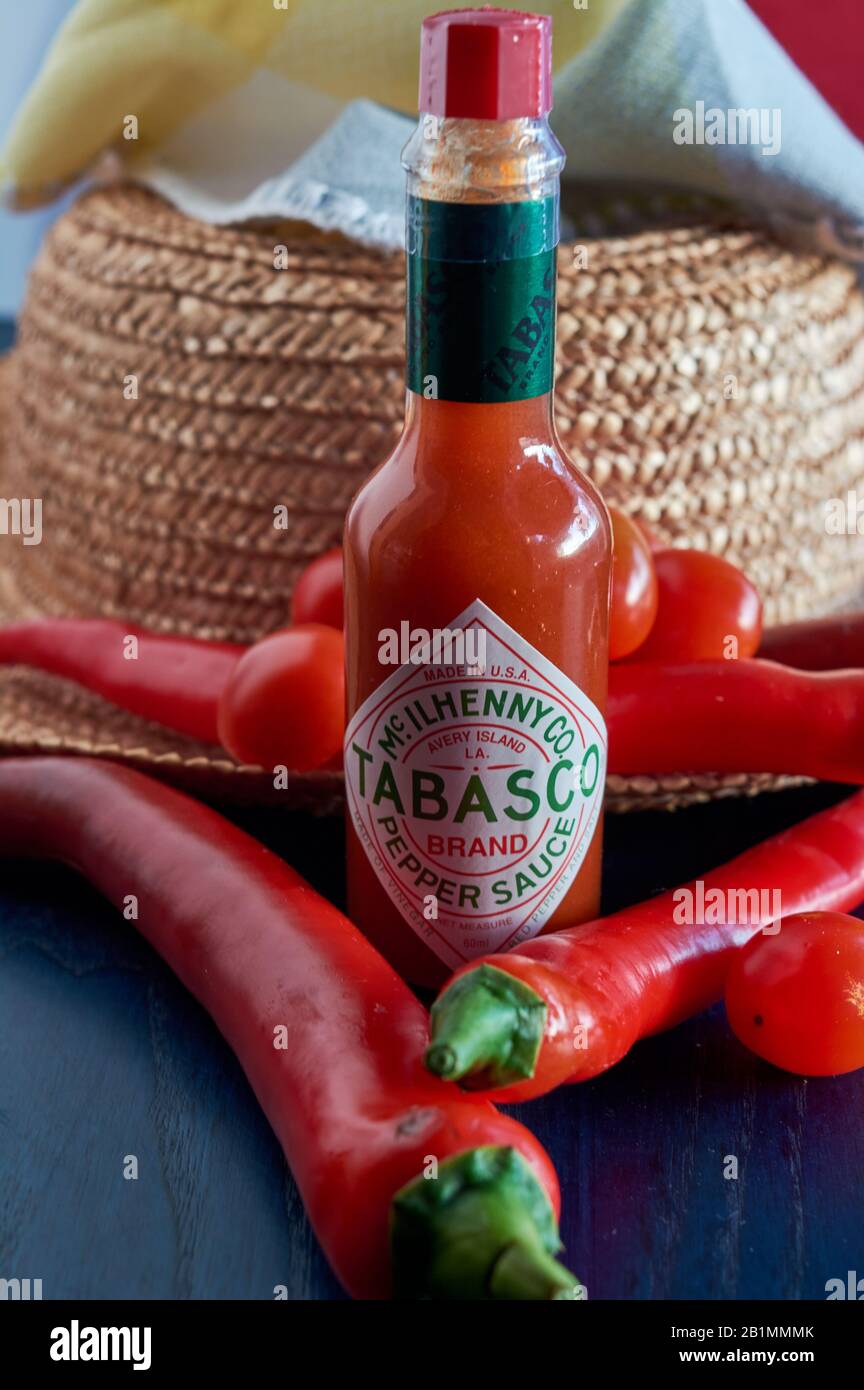 bottle of Tabasco sauce, spicy chilis, bright colors, red, blue Stock ...