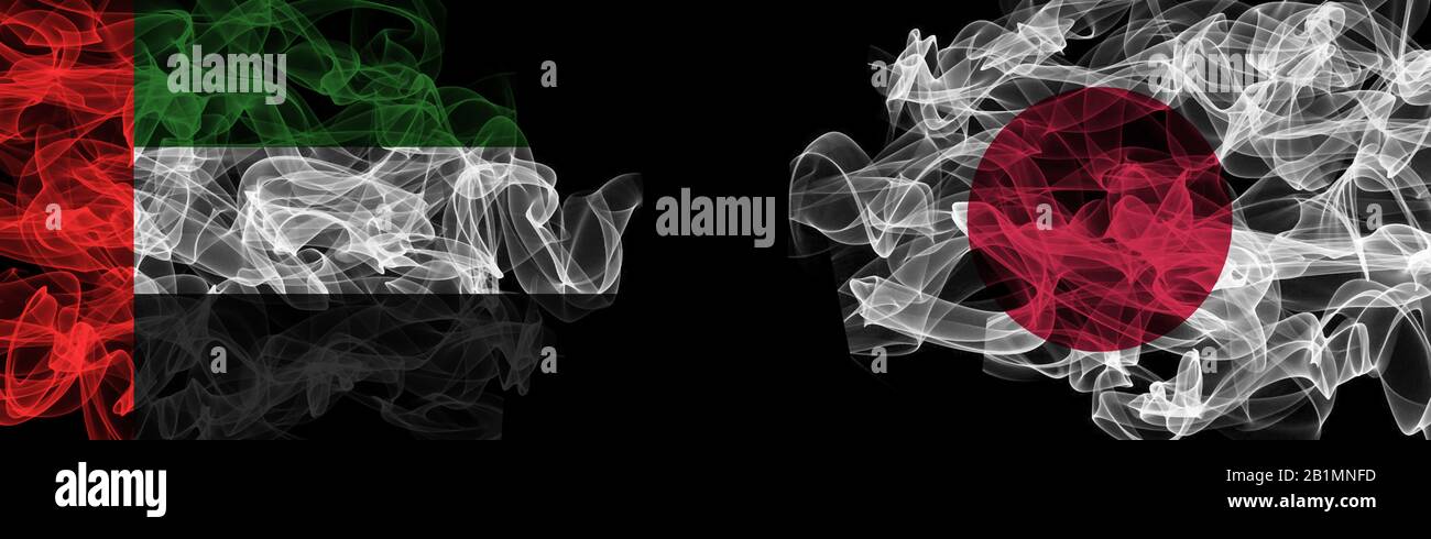 Flags of UAE and Japan on Black background, UAE vs Japan Smoke Flags ...