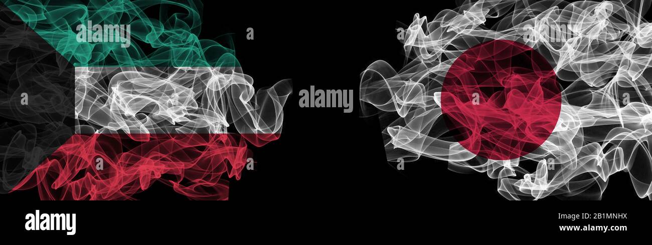 Flags of Kuwait and Japan on Black background, Kuwait vs Japan Smoke ...