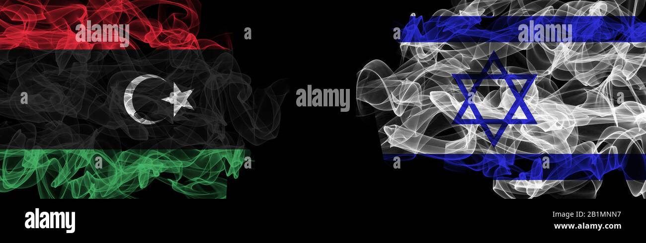 Flags of Libya and Israel on Black background, Libya vs Israel Smoke ...