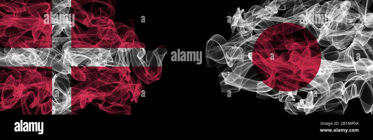 Flags of Denmark and Japan on Black background, Denmark vs Japan Smoke ...