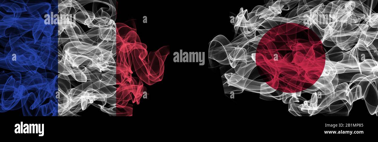 Flags of France and Japan on Black background, France vs Japan Smoke ...