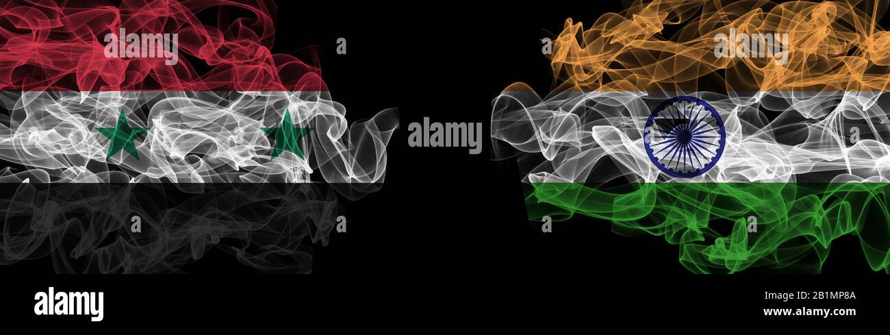 Flags of Syria and India on Black background, Syria vs India Smoke ...