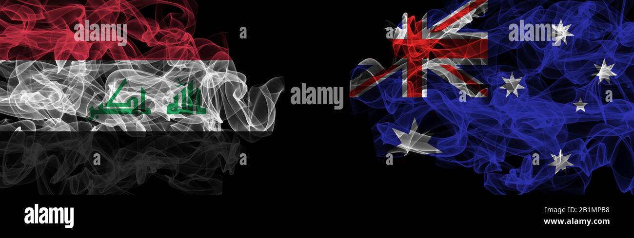 Flags of Iraq and Australia on Black background, Iraq vs Australia ...