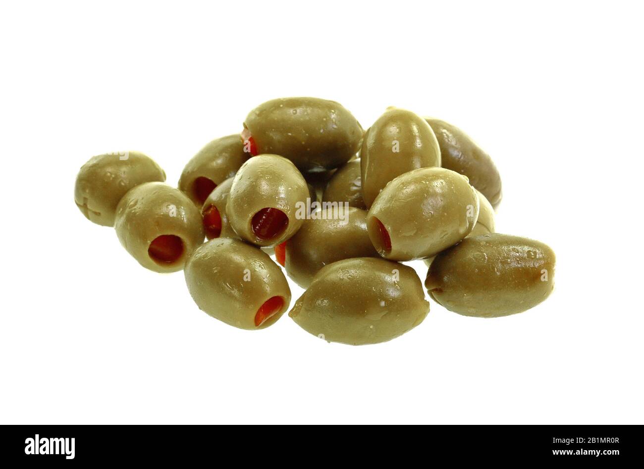 Stuffed olives with red paprika on white background Stock Photo - Alamy