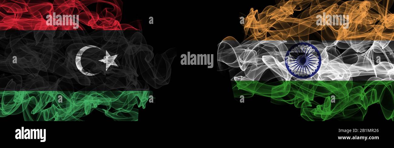 Flags of Libya and India on Black background, Libya vs India Smoke ...