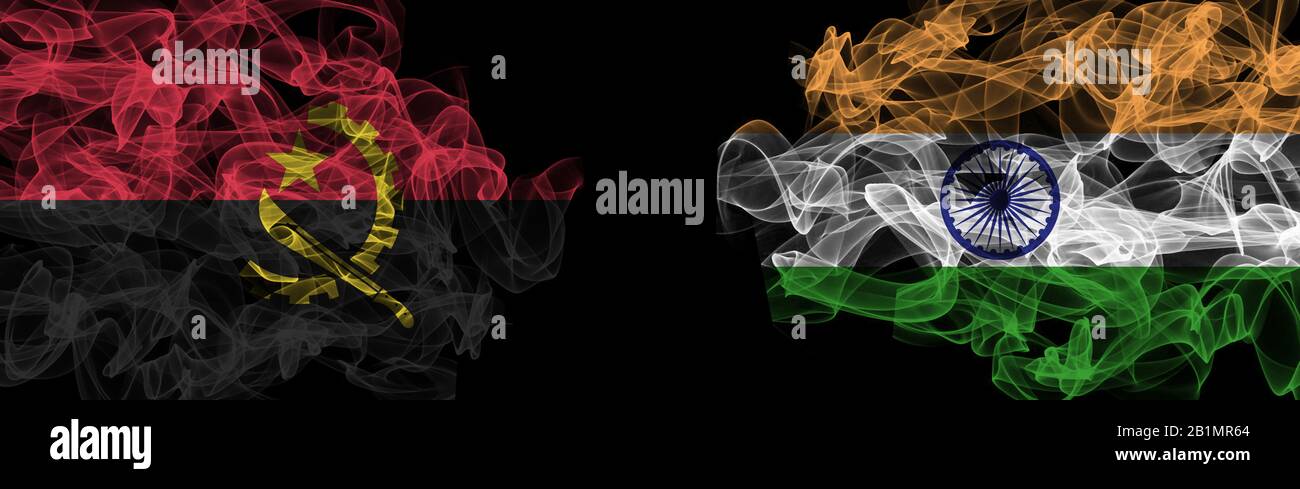 Flags of Angola and India on Black background, Angola vs India Smoke ...