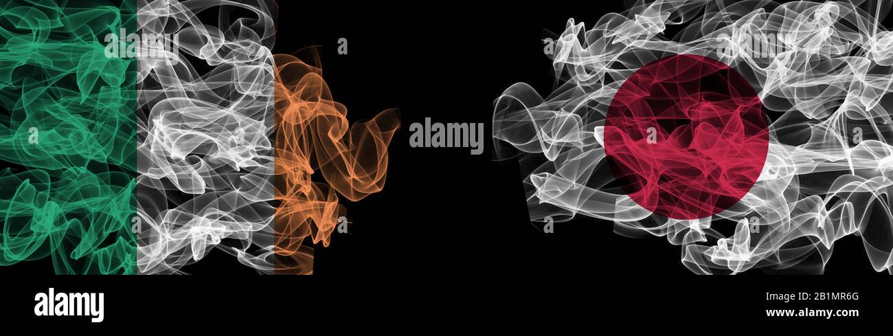 Flags of Ireland and Japan on Black background, Ireland vs Japan Smoke ...