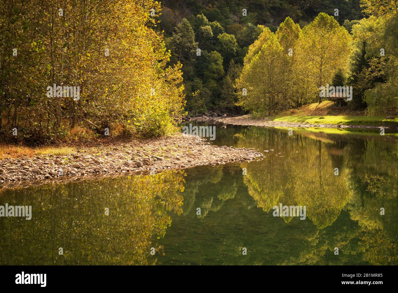Autumn view of angler in North Fork South Branch Potomac River, Seneca ...