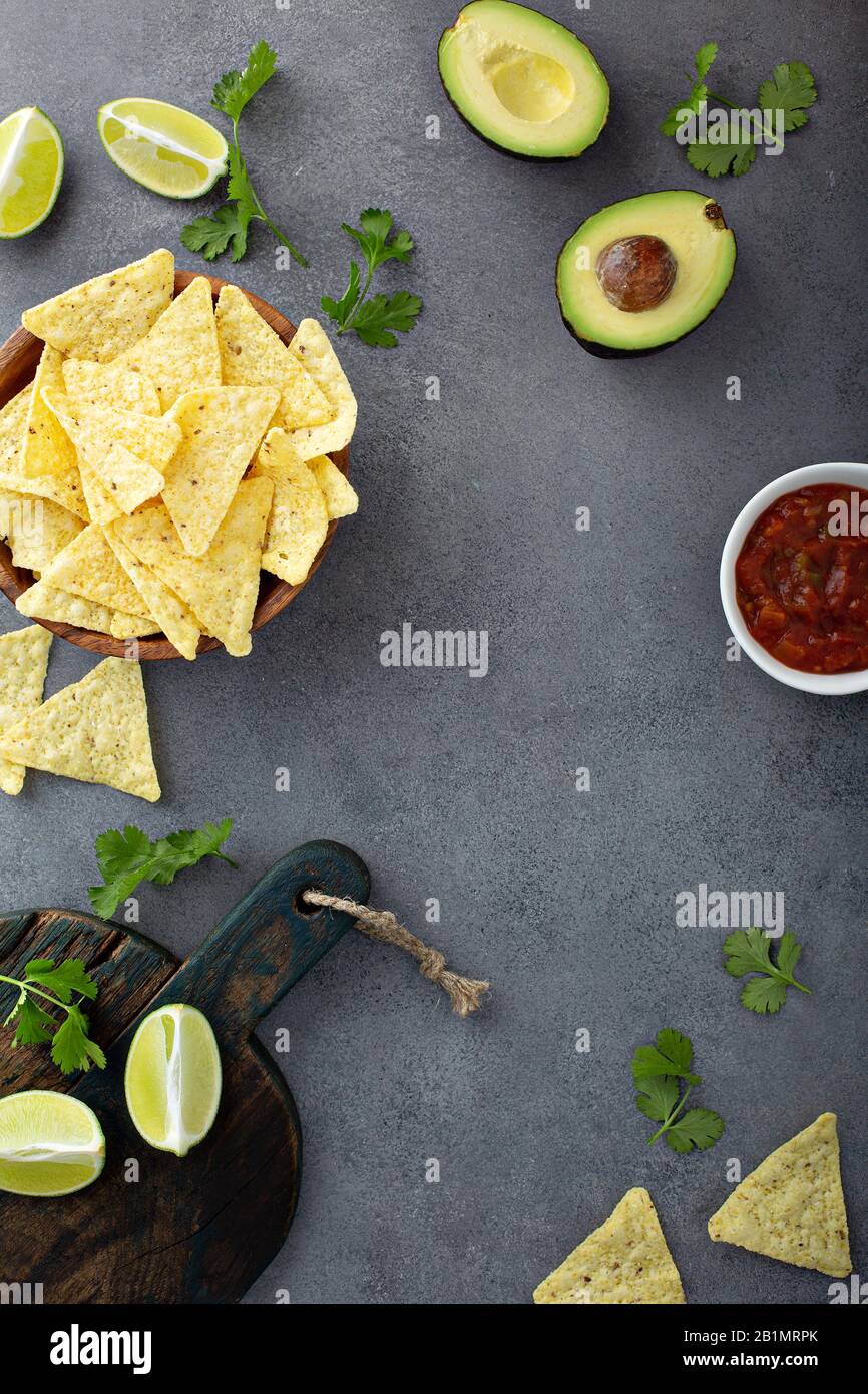 Mexican food background with salsa and chips Stock Photo - Alamy