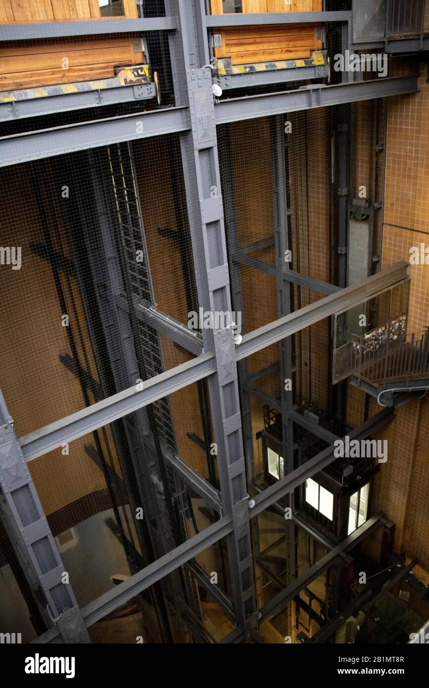 Elbtunnel elevator with steel girder construction and illuminated ...