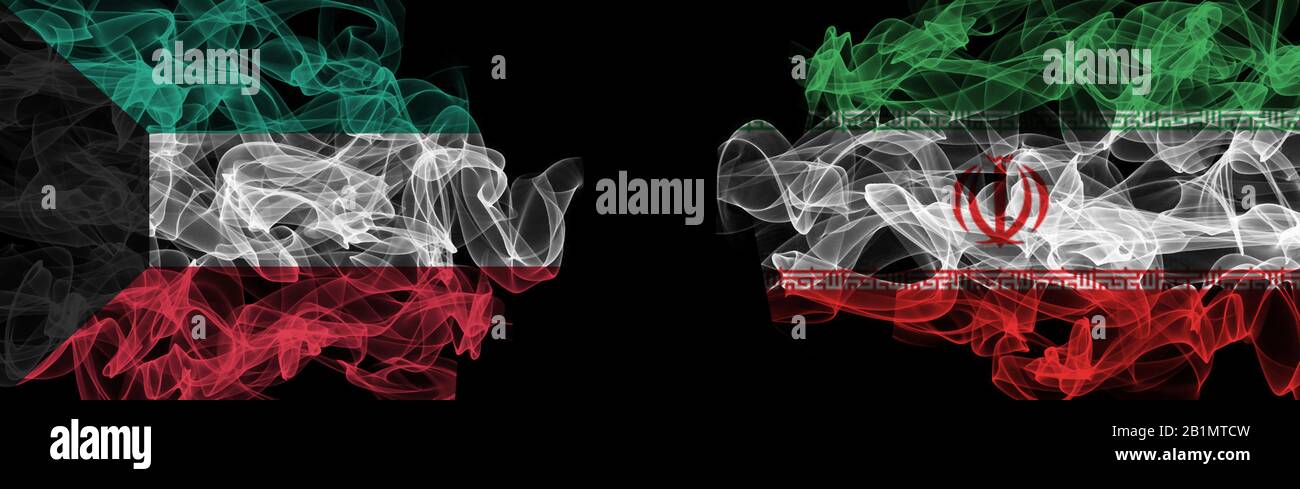 Flags of Kuwait and Iran on Black background, Kuwait vs Iran Smoke ...