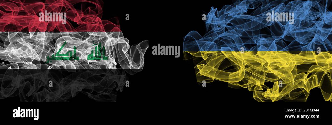 Flags of Iraq and Ukraine on Black background, Iraq vs Ukraine Smoke ...