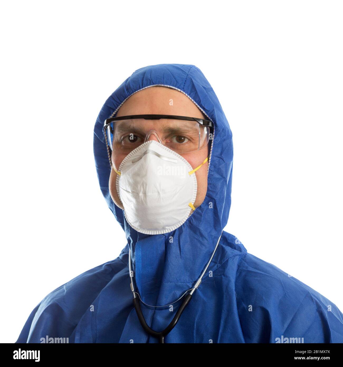 Doctor with protective clothing and goggles, face mask and endoscope ...