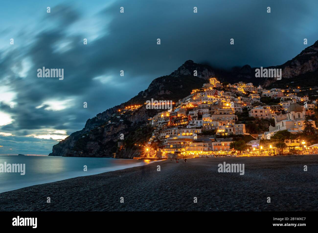 Landscape with Positano town at famous amalfi coast at night, Italy ...