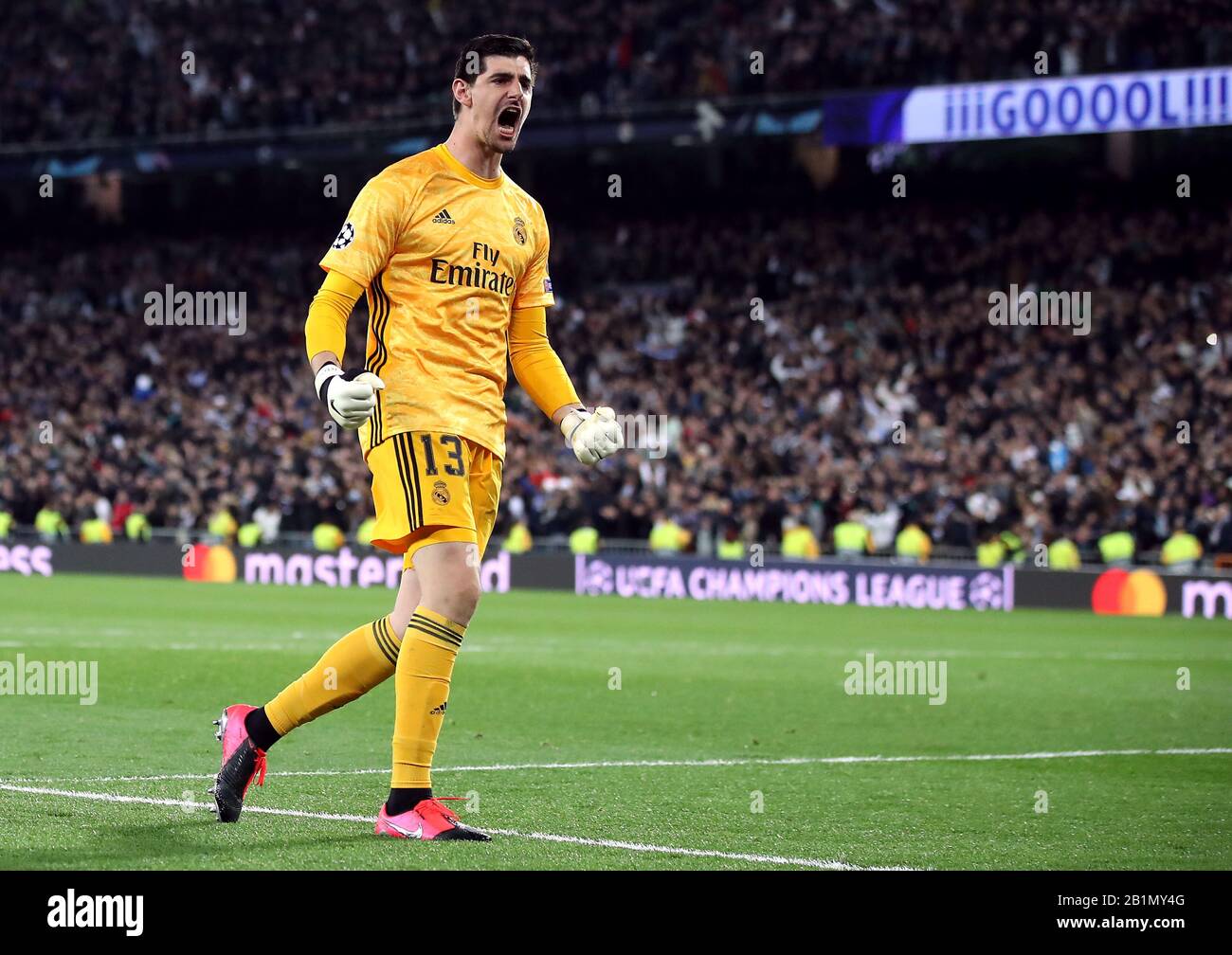 Real Madrid's goalkeeper Thibaut Courtois celebrates his side's first ...