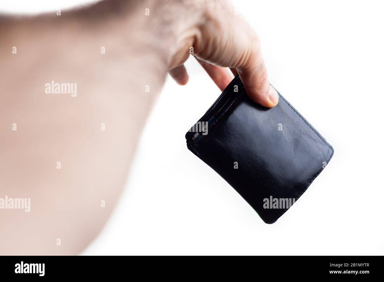 Hand holding a black leather wallet. Isolated on white background Stock ...