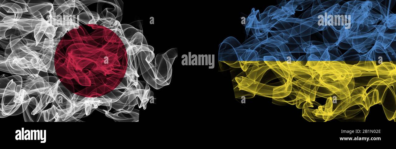 Flags of Japan and Ukraine on Black background, Japan vs Ukraine Smoke ...