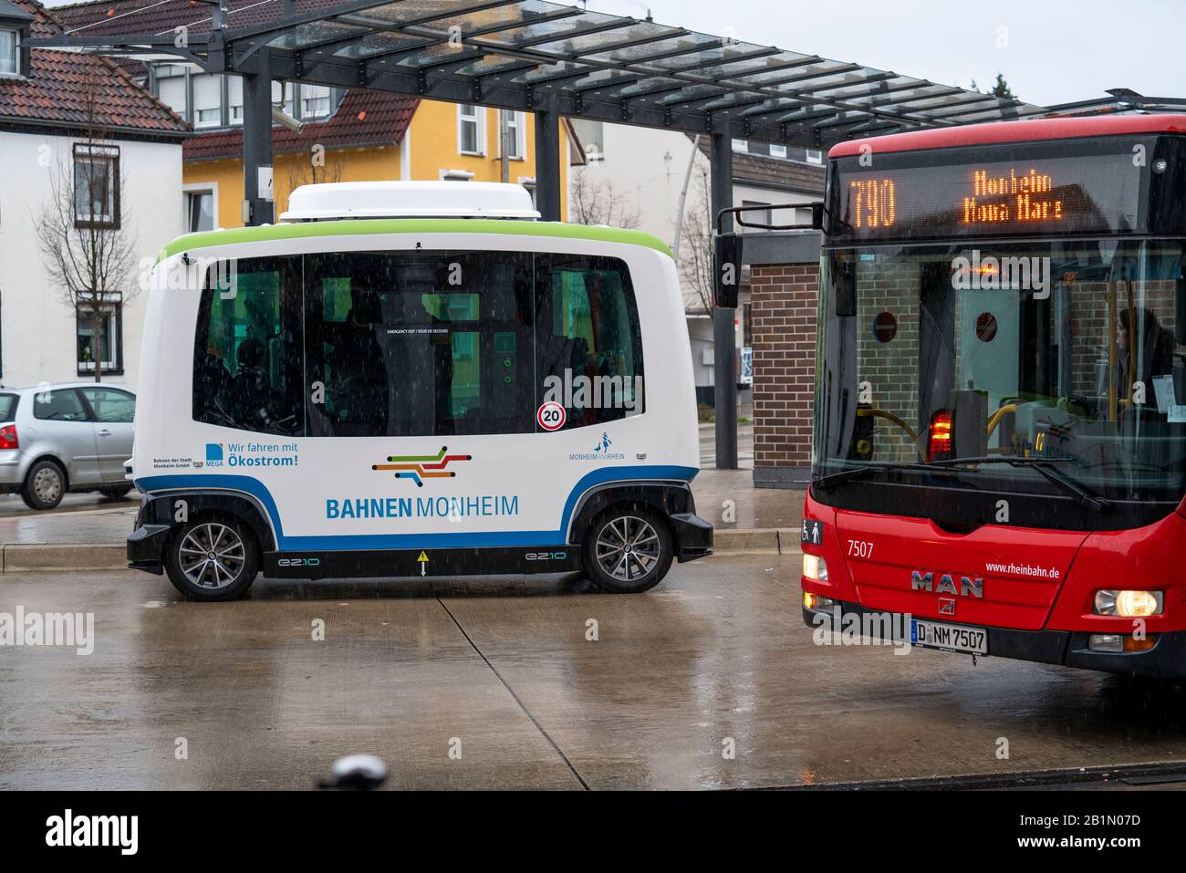 Autonomously driving public bus, in Monheim, Germany, 5 electric buses ...