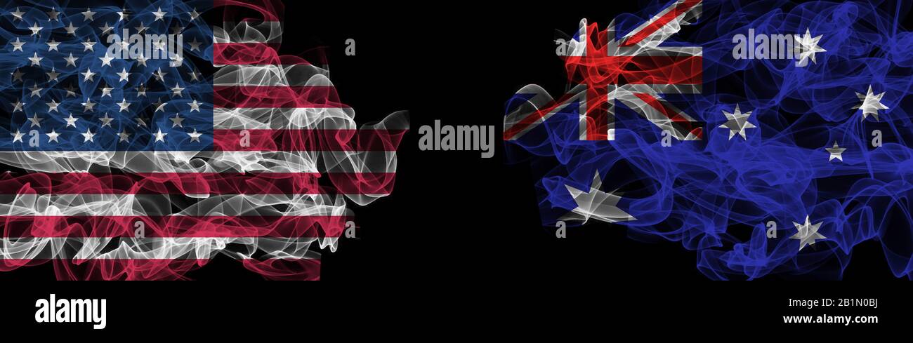 Flags of USA and Australia on Black background, USA vs Australia Smoke ...