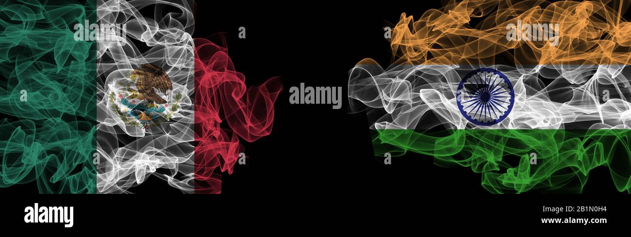 Flags of Mexico and India on Black background, Mexico vs India Smoke ...