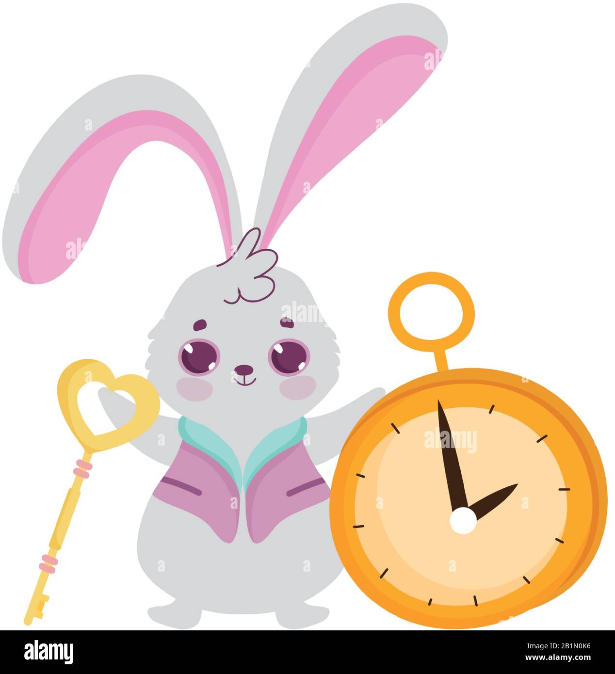 wonderland, rabbit and clock cartoon characters vector illustration ...