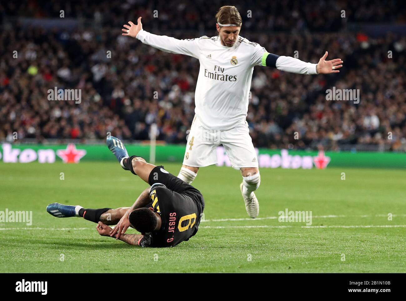 Real Madrid's Sergio Ramos brings down Manchester City's Gabriel Jesus ...