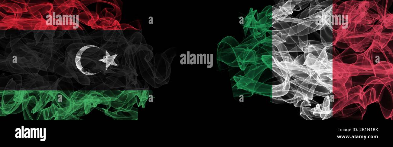 Flags of Libya and Italy on Black background, Libya vs Italy Smoke ...