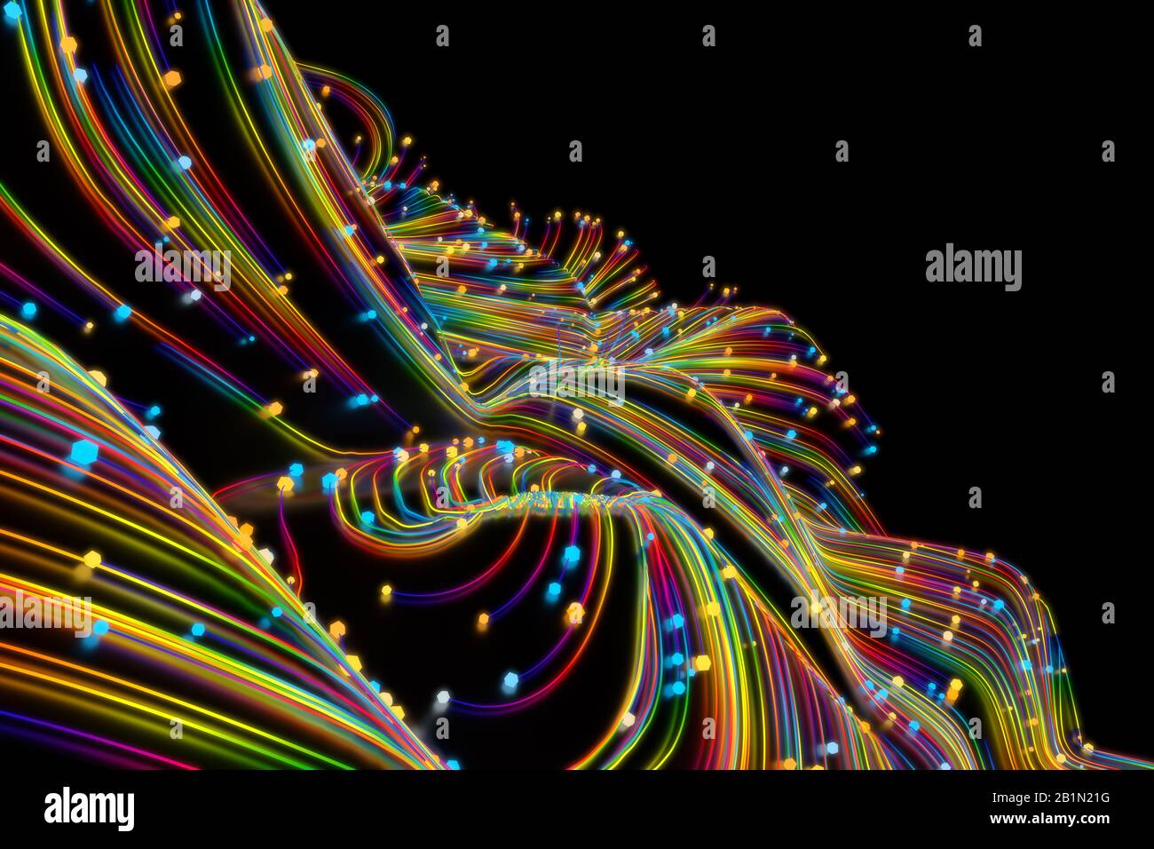 Neon glowing twisted cosmic lines on the glossy surface. Turbulence ...
