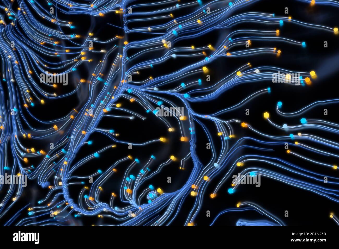 Neon glowing twisted cosmic lines on the glossy surface. Turbulence ...