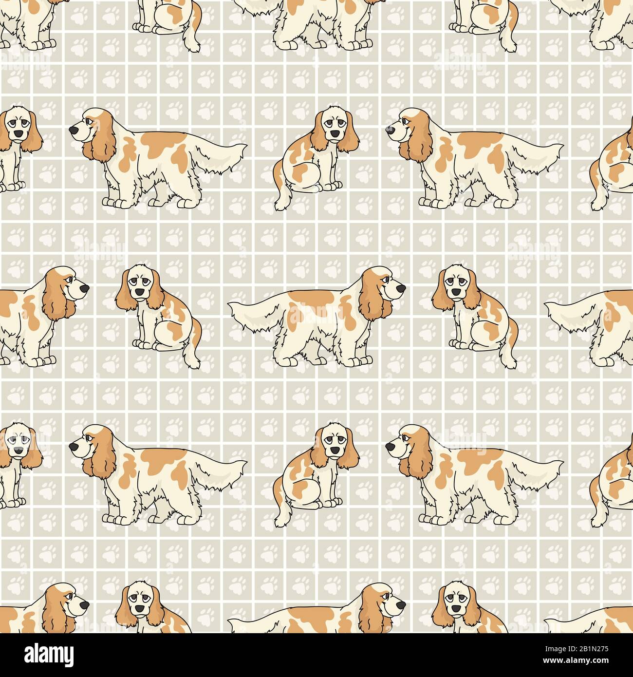 Hand drawn cute cocker spaniel and puppy breed dog seamless vector ...