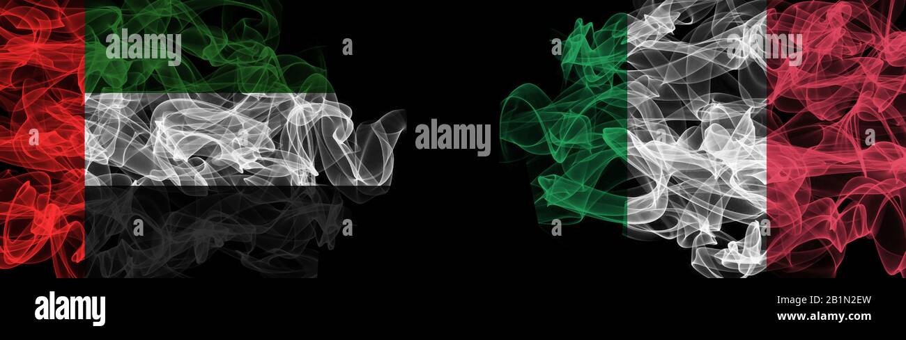 Flags of UAE and Italy on Black background, UAE vs Italy Smoke Flags ...