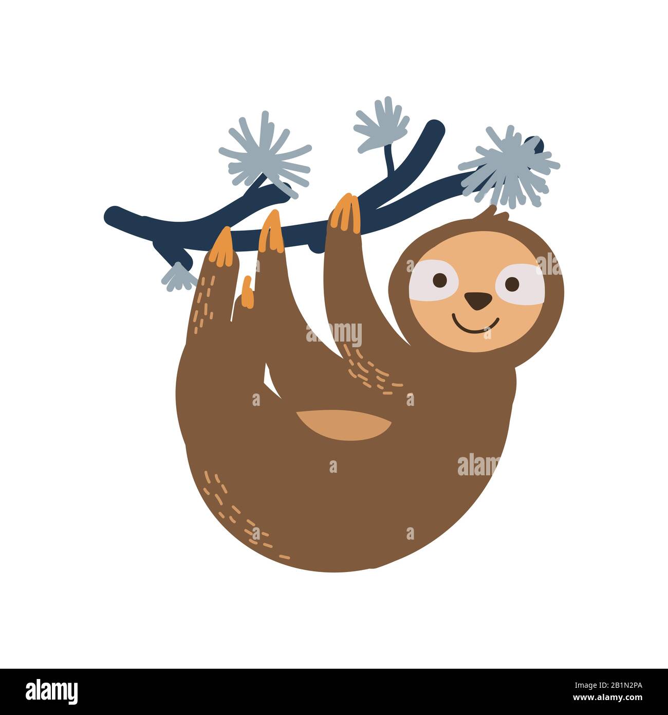 Cute sloth on tree branch vector illustration. Childish cartoon animal ...
